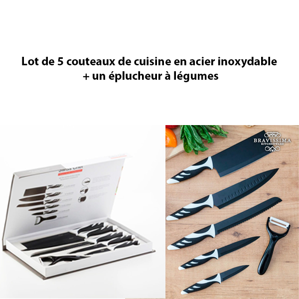 Lot de 5 couteaux de cuisine en acier inoxydable + un éplucheur à légu ...