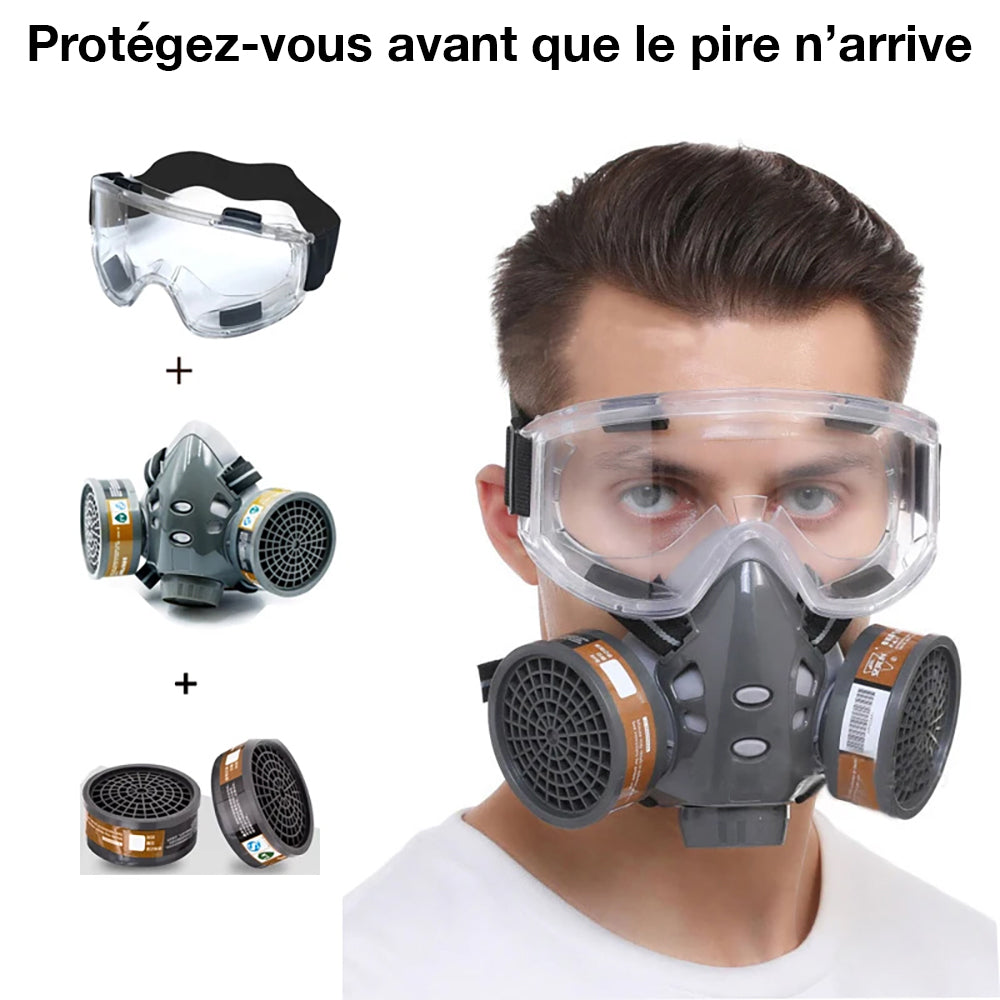 Masque à gaz avec lunette de sécurité plus 2 filtres supplémentaires ...